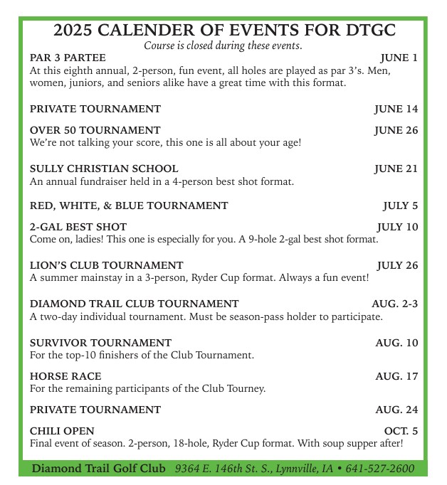 2025 Calendar of Events – Diamond Trail Golf Club